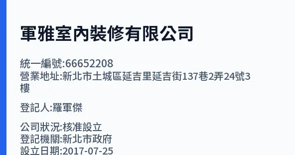 軍雅室內裝修有限公司的照片-統編 66652208(新北市) 公司登記資料與營業項目詳細圖表