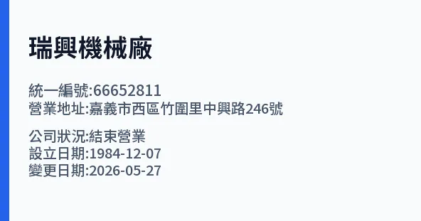 瑞興機械廠的照片-統編 66652811(嘉義市) 公司登記資料與營業項目詳細圖表