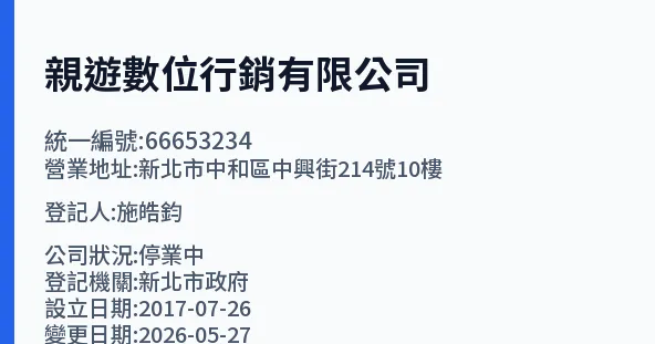 親遊數位行銷有限公司的照片-統編 66653234(新北市) 公司登記資料與營業項目詳細圖表