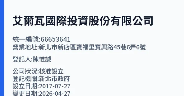 艾爾瓦國際投資股份有限公司的照片-統編 66653641(新北市) 公司登記資料與營業項目詳細圖表