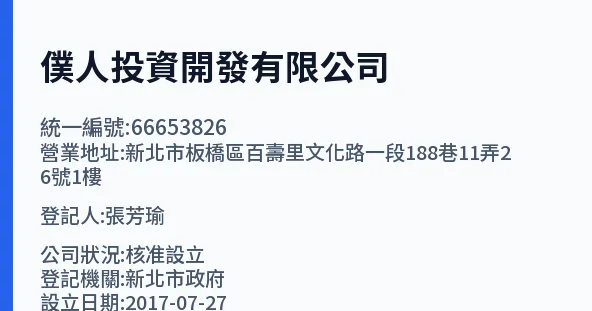 僕人投資開發有限公司的照片-統編 66653826(新北市) 公司登記資料與營業項目詳細圖表