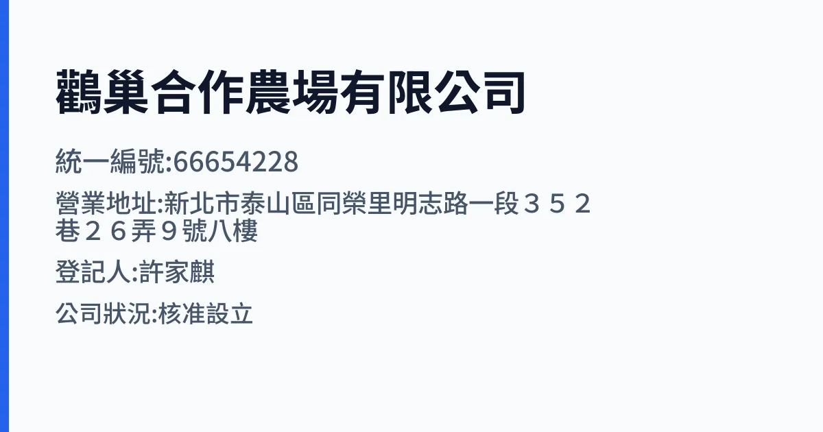 鸛巢合作農場有限公司 - 統編 66654228(新北市) 公司登記資料與營業項目詳細圖表