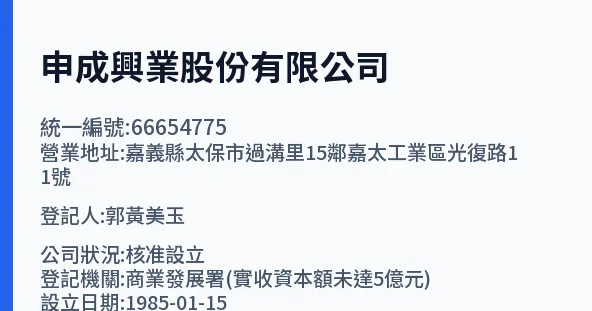 申成興業股份有限公司的照片-統編 66654775(嘉義縣) 公司登記資料與營業項目詳細圖表
