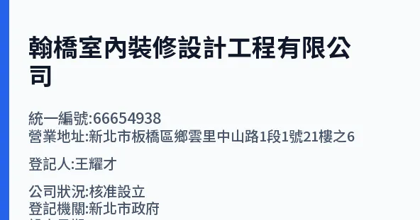 翰橋室內裝修設計工程有限公司的照片-統編 66654938(新北市) 公司登記資料與營業項目詳細圖表
