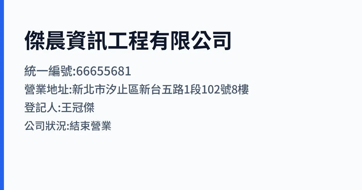 傑晨資訊工程有限公司 - 統編 66655681(新北市) 公司登記資料與營業項目詳細圖表