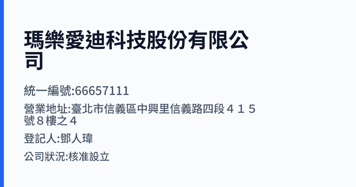 瑪樂愛迪科技股份有限公司 - 統編 66657111(臺北市) 公司登記資料與營業項目詳細圖表