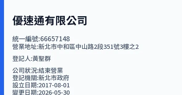 優速通有限公司的照片-統編 66657148(新北市) 公司登記資料與營業項目詳細圖表