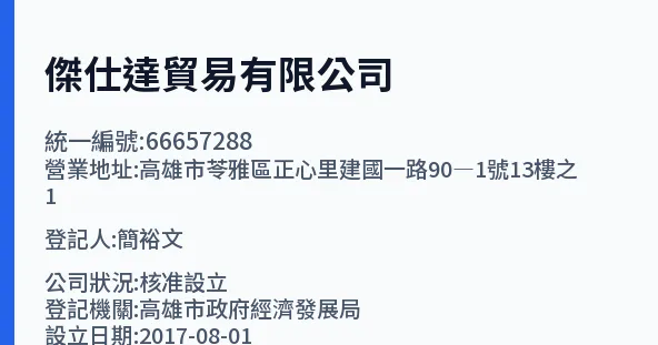 傑仕達貿易有限公司的照片-統編 66657288(高雄市) 公司登記資料與營業項目詳細圖表