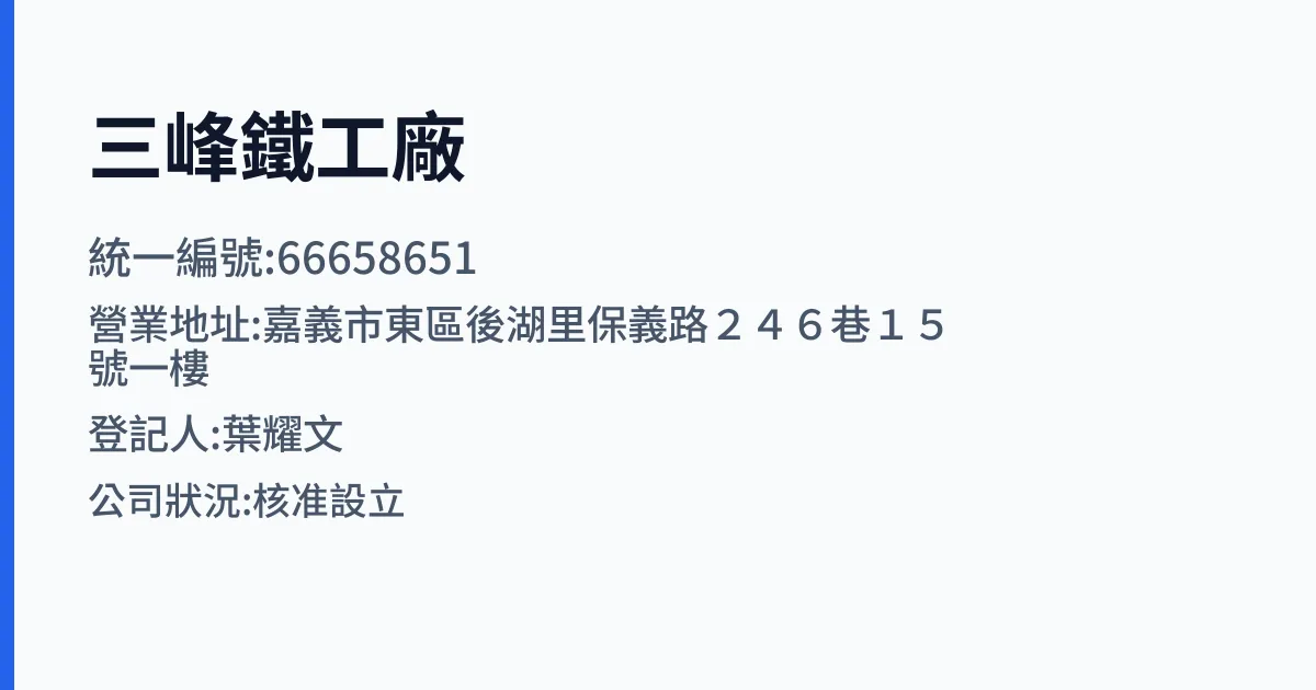 三峰鐵工廠 - 統編 66658651(嘉義市) 公司登記資料與營業項目詳細圖表