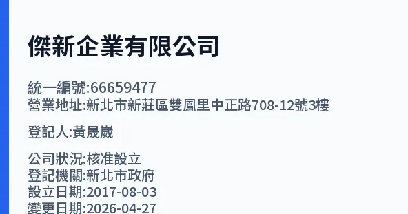 傑新企業有限公司的照片-統編 66659477(新北市) 公司登記資料與營業項目詳細圖表