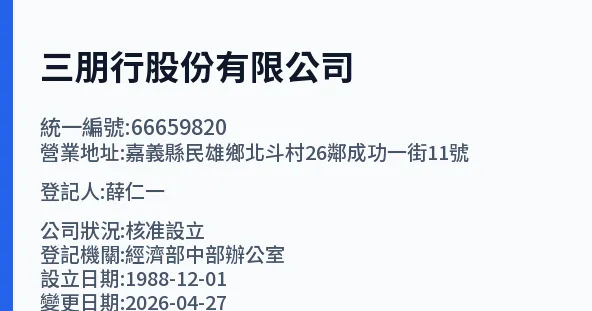 三朋行股份有限公司的照片-統編 66659820(嘉義縣) 公司登記資料與營業項目詳細圖表