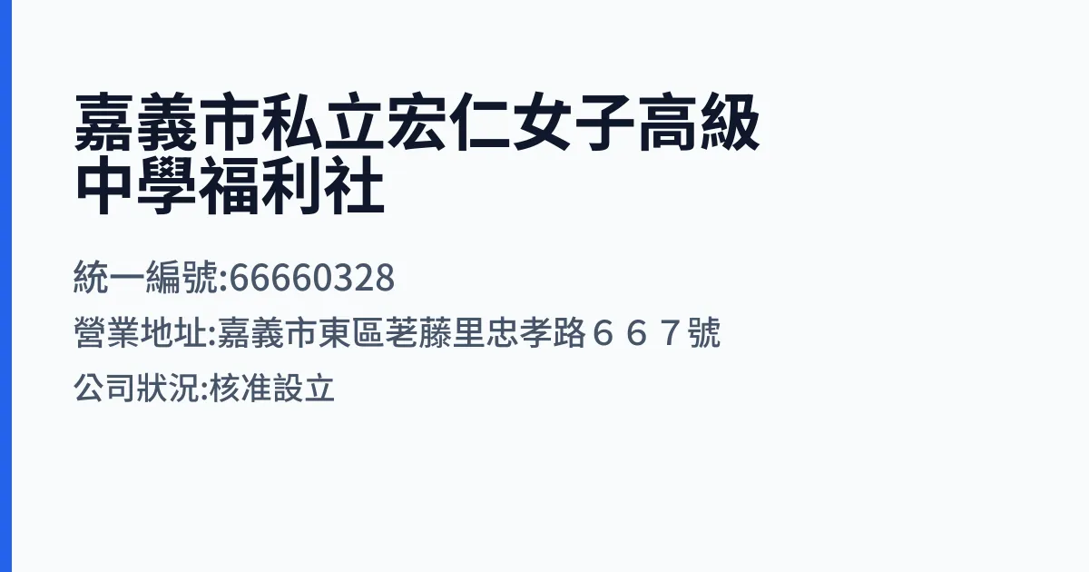 嘉義市私立宏仁女子高級中學福利社 - 統編 66660328(嘉義市) 公司登記資料與營業項目詳細圖表