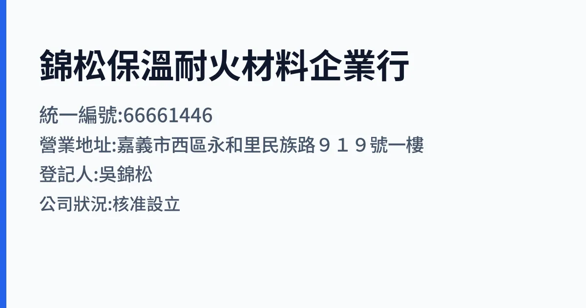 錦松保溫耐火材料企業行 - 統編 66661446(嘉義市) 公司登記資料與營業項目詳細圖表