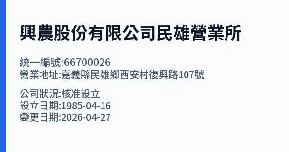 興農股份有限公司民雄營業所的照片-統編 66700026(嘉義縣) 公司登記資料與營業項目詳細圖表