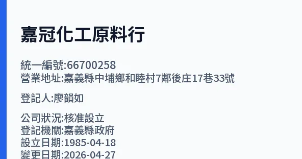 嘉冠化工原料行的照片-統編 66700258(嘉義縣) 公司登記資料與營業項目詳細圖表