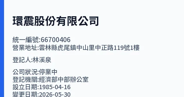 環震股份有限公司的照片-統編 66700406(雲林縣) 公司登記資料與營業項目詳細圖表