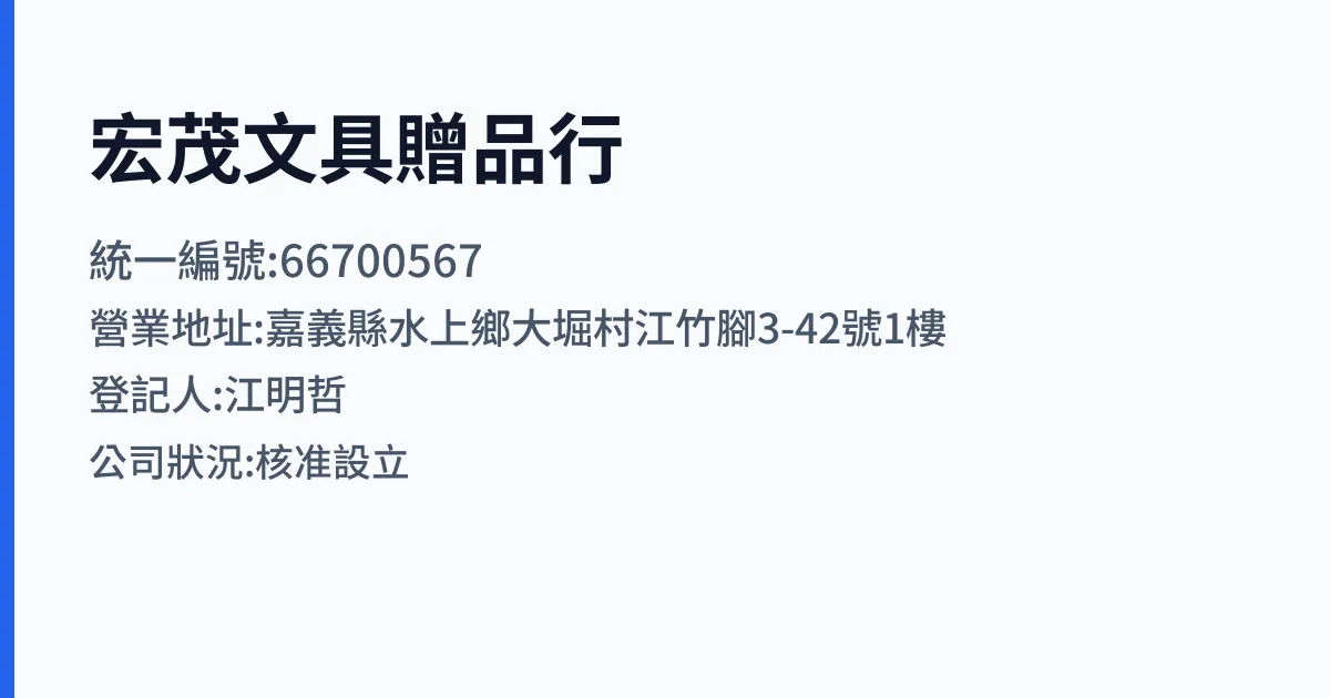宏茂文具贈品行 - 統編 66700567(嘉義縣) 公司登記資料與營業項目詳細圖表