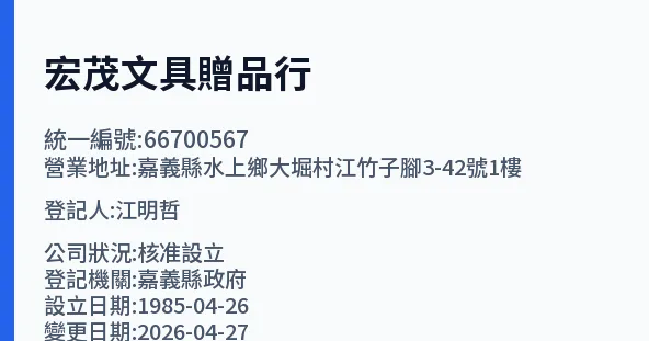 宏茂文具贈品行的照片-統編 66700567(嘉義縣) 公司登記資料與營業項目詳細圖表