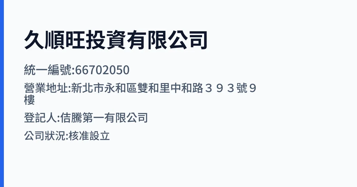 久順旺投資有限公司 - 統編 66702050(新北市) 公司登記資料與營業項目詳細圖表