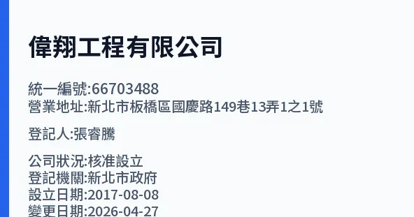 偉翔工程有限公司的照片-統編 66703488(新北市) 公司登記資料與營業項目詳細圖表