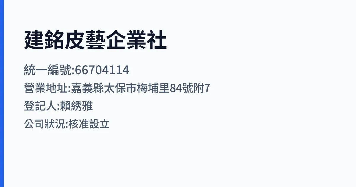 建銘皮藝企業社 - 統編 66704114(嘉義縣) 公司登記資料與營業項目詳細圖表