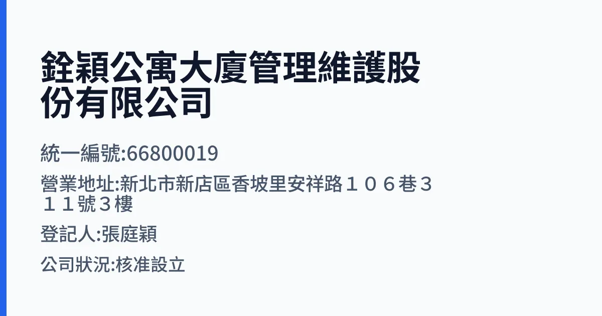 銓穎公寓大廈管理維護股份有限公司 - 統編 66800019(新北市) 公司登記資料與營業項目詳細圖表