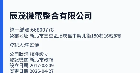 辰茂機電整合有限公司的照片-統編 66800778(新北市) 公司登記資料與營業項目詳細圖表