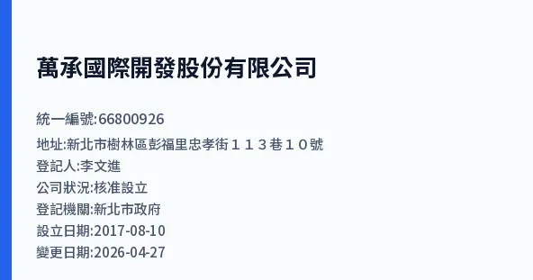 萬承國際開發股份有限公司的照片-統編 66800926(新北市) 公司登記資料與營業項目詳細圖表