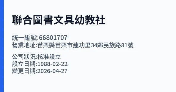 聯合圖書文具幼教社的照片-統編 66801707(苗栗縣) 公司登記資料與營業項目詳細圖表