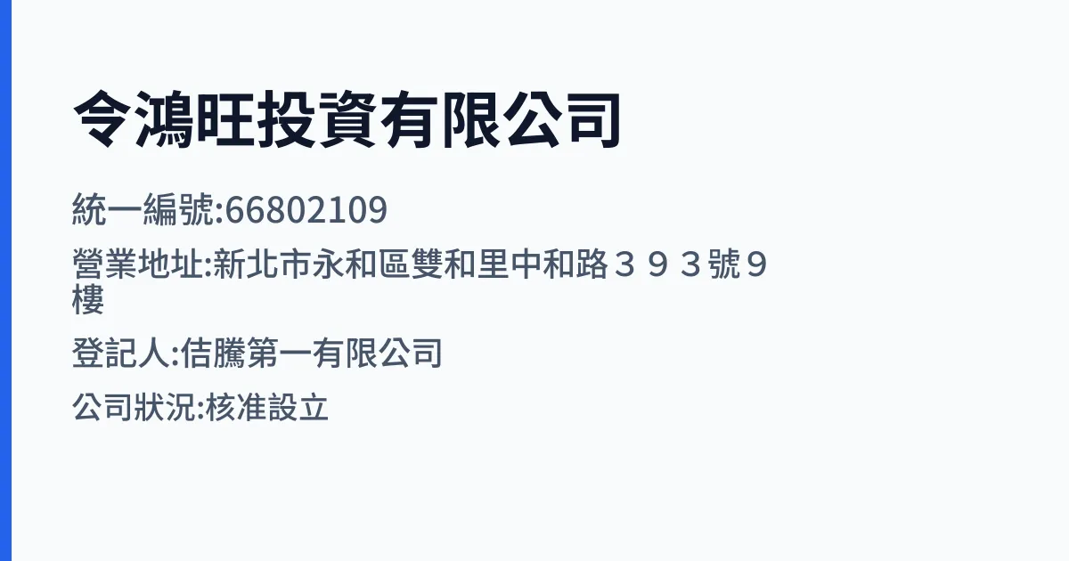 令鴻旺投資有限公司 - 統編 66802109(新北市) 公司登記資料與營業項目詳細圖表