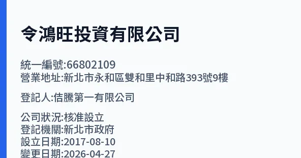 令鴻旺投資有限公司的照片-統編 66802109(新北市) 公司登記資料與營業項目詳細圖表