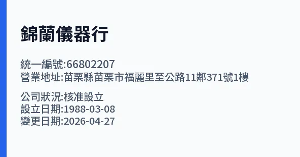 錦蘭儀器行的照片-統編 66802207(苗栗縣) 公司登記資料與營業項目詳細圖表