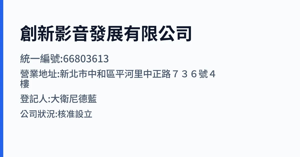 創新影音發展有限公司 - 統編 66803613(新北市) 公司登記資料與營業項目詳細圖表