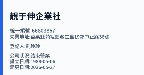 靚于伸企業社的照片-統編 66803867(苗栗縣) 公司登記資料與營業項目詳細圖表