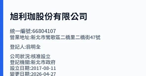 旭利珈股份有限公司的照片-統編 66804107(新北市) 公司登記資料與營業項目詳細圖表