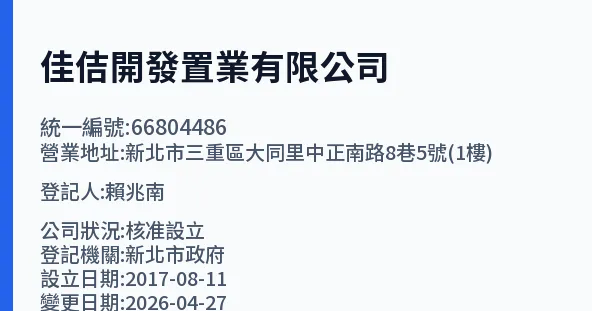 佳佶開發置業有限公司的照片-統編 66804486(新北市) 公司登記資料與營業項目詳細圖表