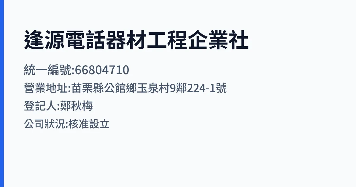 逢源電話器材工程企業社 - 統編 66804710(苗栗縣) 公司登記資料與營業項目詳細圖表