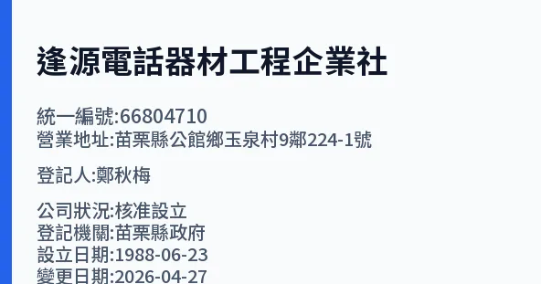 逢源電話器材工程企業社的照片-統編 66804710(苗栗縣) 公司登記資料與營業項目詳細圖表