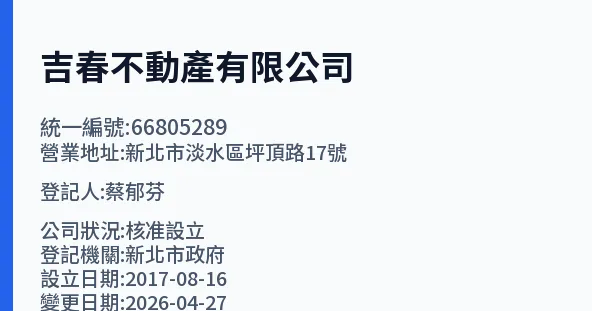 吉春不動產有限公司的照片-統編 66805289(新北市) 公司登記資料與營業項目詳細圖表