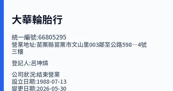 大華輪胎行的照片-統編 66805295(苗栗縣) 公司登記資料與營業項目詳細圖表