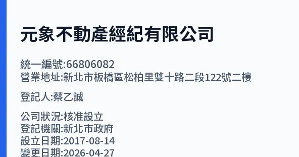 元象不動產經紀有限公司的照片-統編 66806082(新北市) 公司登記資料與營業項目詳細圖表