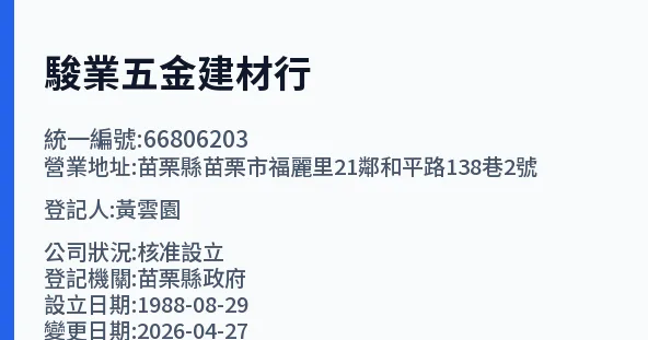 駿業五金建材行的照片-統編 66806203(苗栗縣) 公司登記資料與營業項目詳細圖表