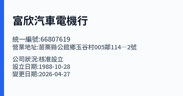 富欣汽車電機行的照片-統編 66807619(苗栗縣) 公司登記資料與營業項目詳細圖表