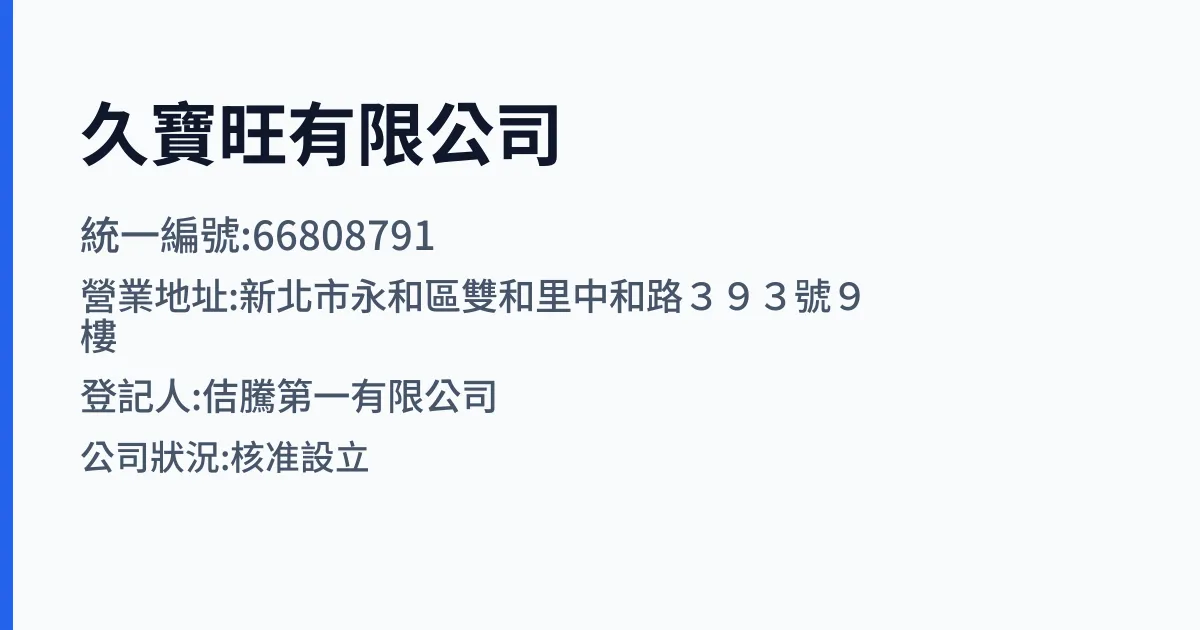 久寶旺有限公司 - 統編 66808791(新北市) 公司登記資料與營業項目詳細圖表