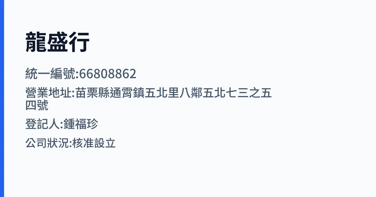 龍盛行 - 統編 66808862(苗栗縣) 公司登記資料與營業項目詳細圖表