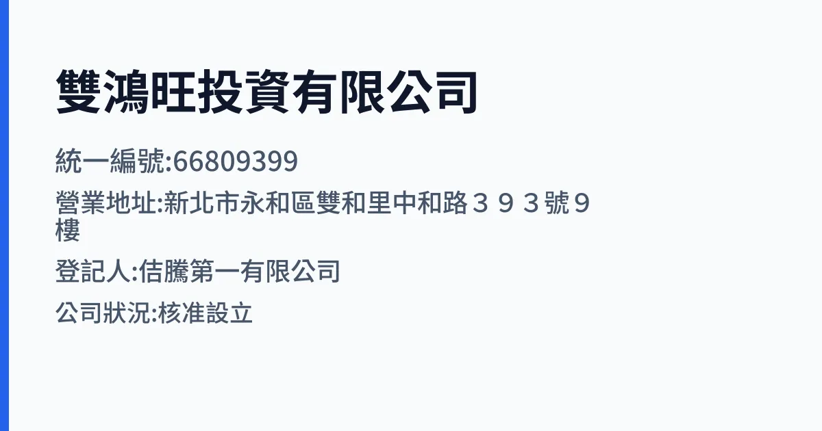 雙鴻旺投資有限公司 - 統編 66809399(新北市) 公司登記資料與營業項目詳細圖表