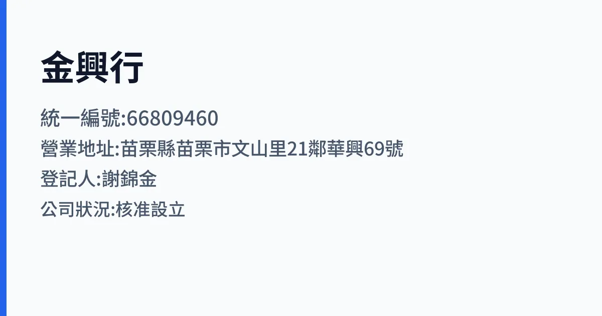 金興行 - 統編 66809460(苗栗縣) 公司登記資料與營業項目詳細圖表