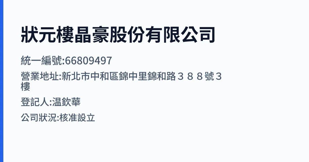 狀元樓晶豪股份有限公司 - 統編 66809497(新北市) 公司登記資料與營業項目詳細圖表