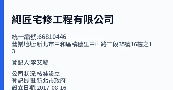 繩匠宅修工程有限公司的照片-統編 66810446(新北市) 公司登記資料與營業項目詳細圖表