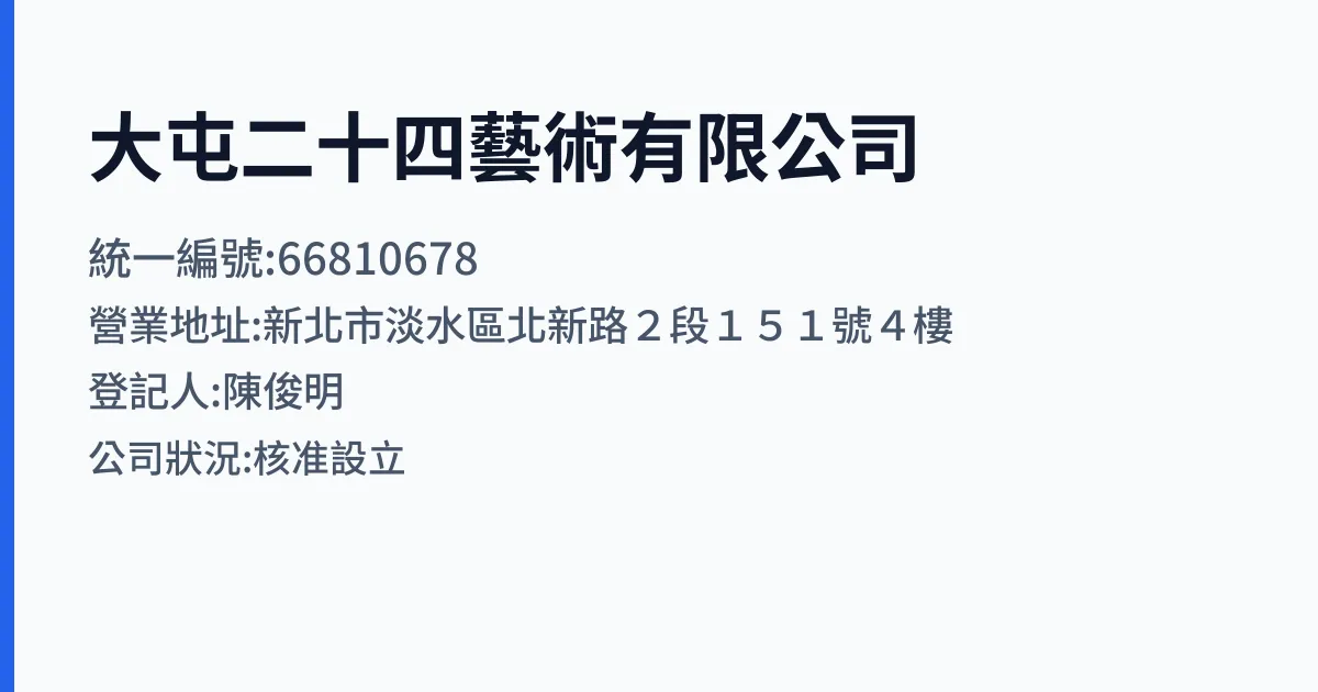 大屯二十四藝術有限公司 - 統編 66810678(新北市) 公司登記資料與營業項目詳細圖表